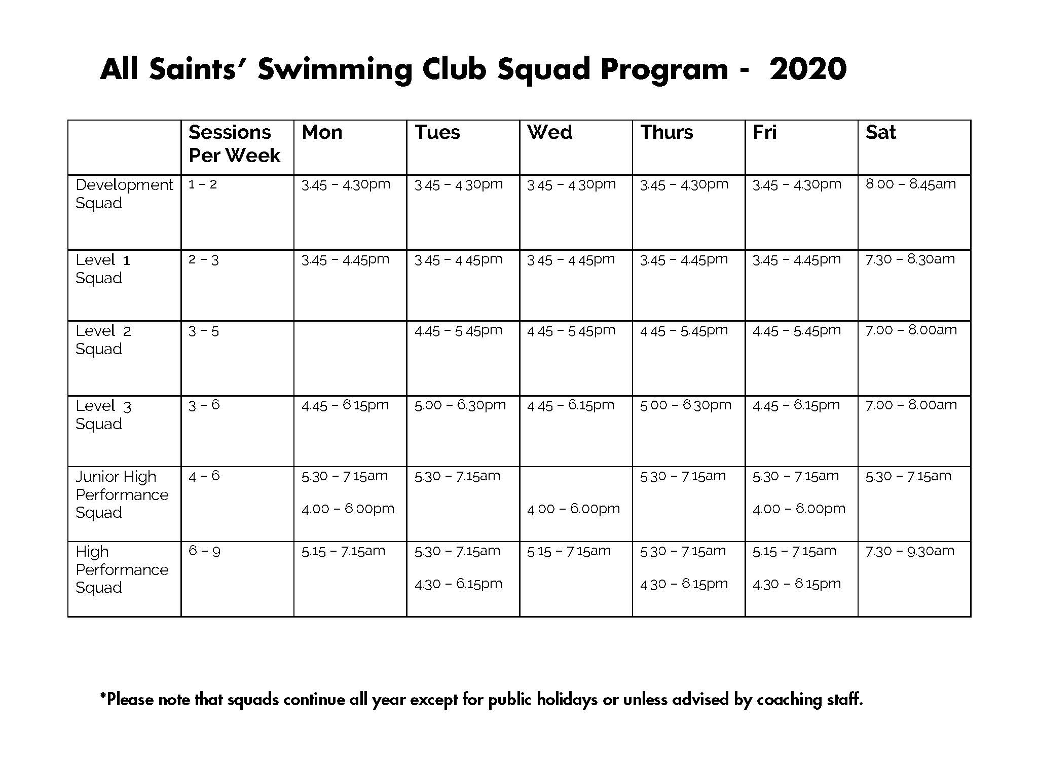 Squad Schedules – All Saints' Swimming club