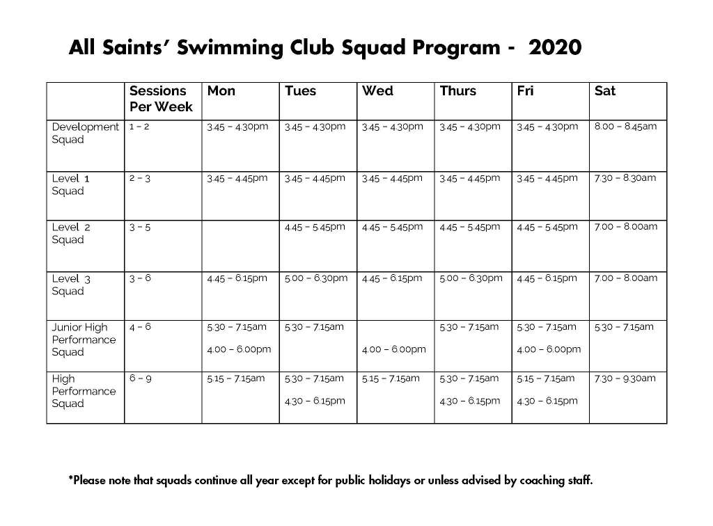 Squad Schedules – All Saints' Swimming club